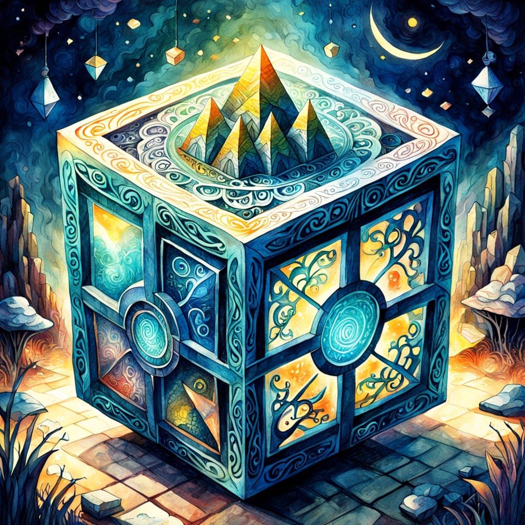 Whimsical Cube with Enchanted Story Inside, Waterc... - AI Art