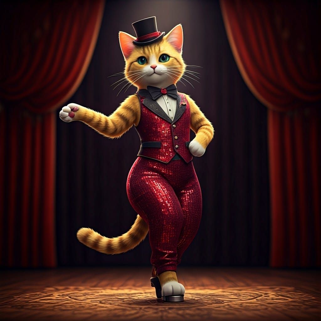 Vibrant Yellow Tabby Dances Tap on Retro Stage wit... - AI Art