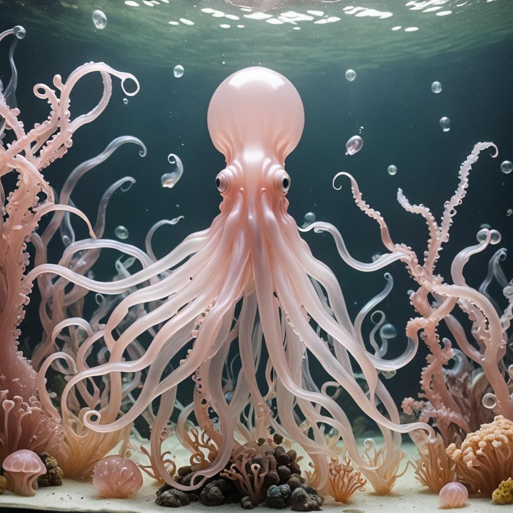 A sculpture of an squid made of translucent pale pink jelly swimming ...
