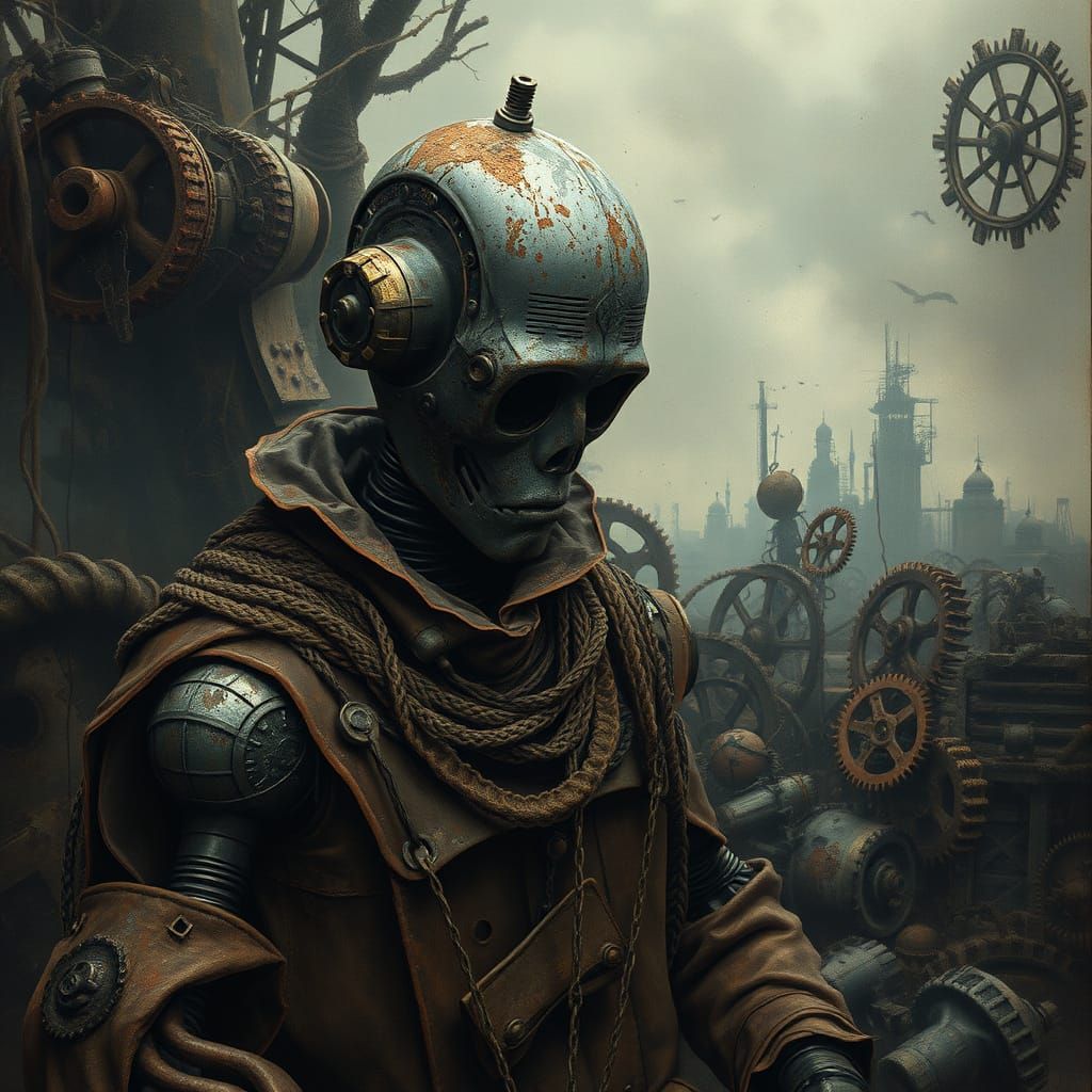 Sorrowful Tin Man Weeping Rust in Desolate Junkyar... - AI Art