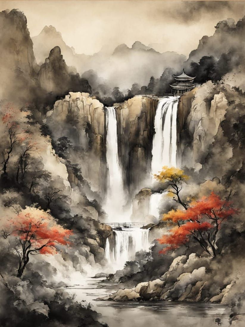 Waterfalls - Surreal Ink Wash Waterfall Scene on Torn Paper