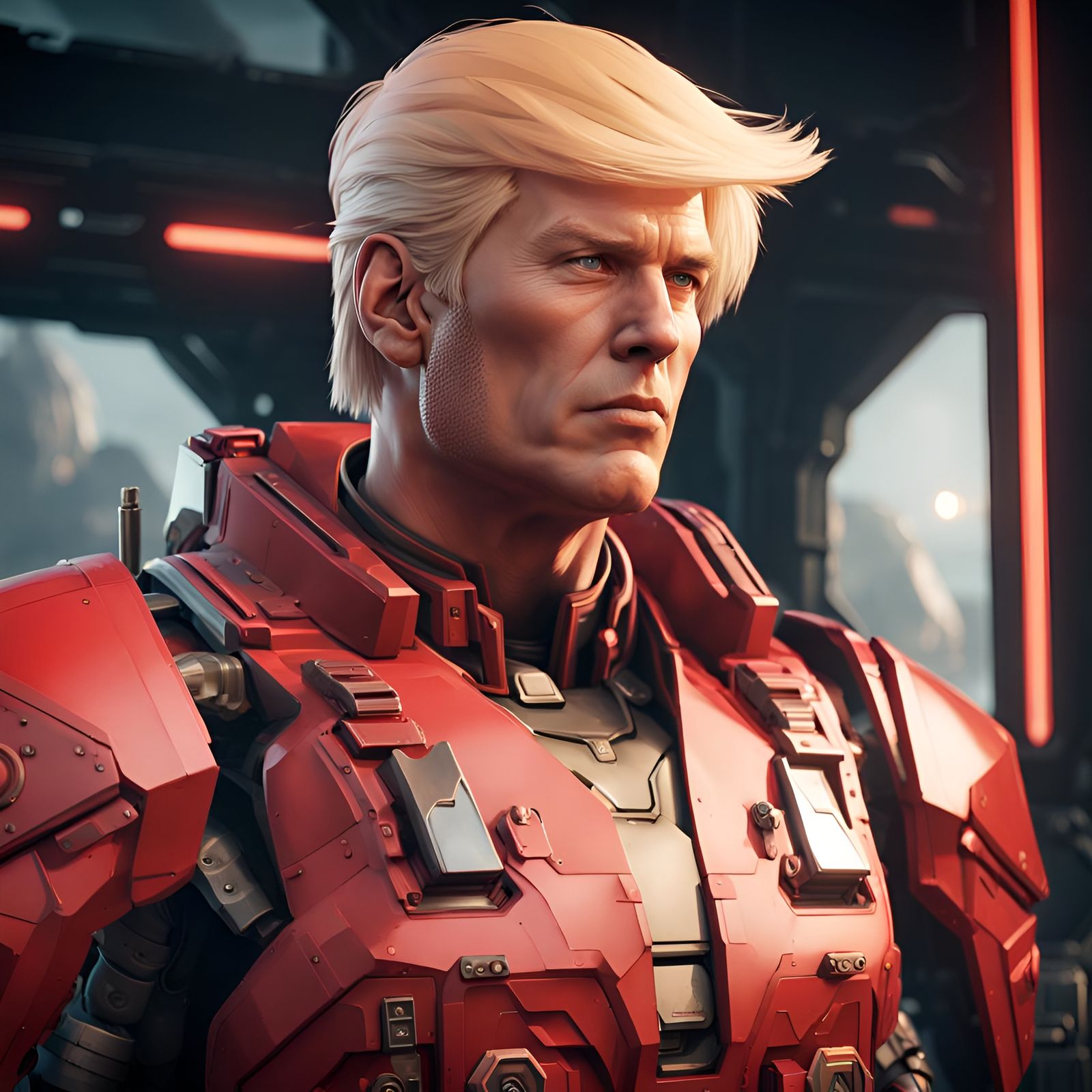 An adult Baron Trump with blond hair dressed in red futuristic military ...