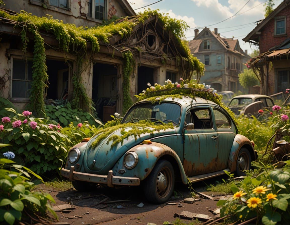 Post-Apocalyptic VW Beetle in a Forgotten Neighbor... - AI Art
