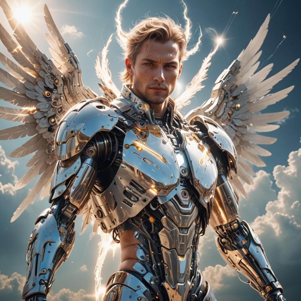 cybernetic angel man with razor-sharp augmentations and circuits ...
