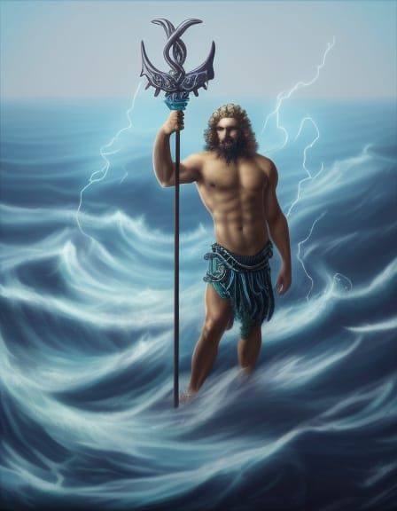 poseidon, holding trident, master of the ocean, glowing trident ...