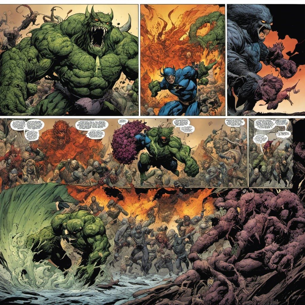 comic book page multiple frame layout; stretchy muscular superhero ...