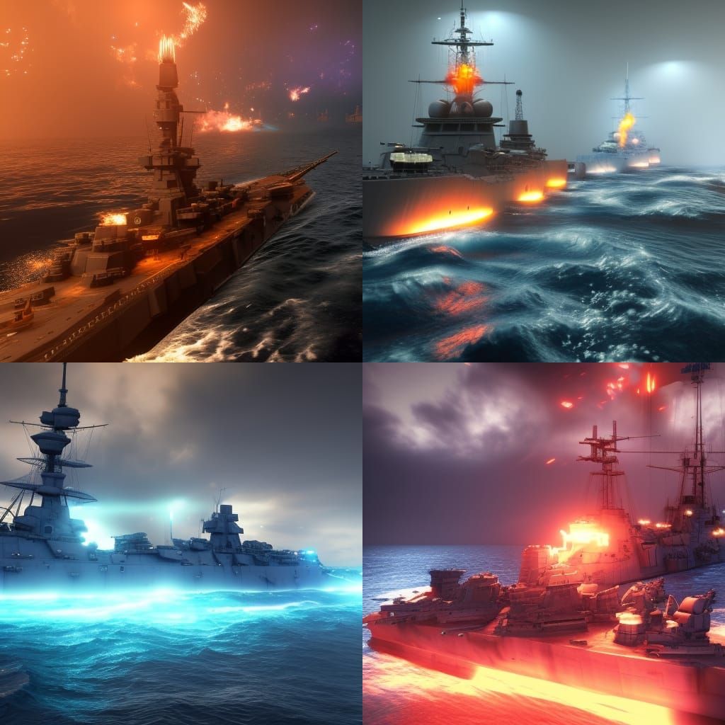 Huge battleships lit up with blue lights in rough waters - AI Generated Artwork - NightCafe Creator