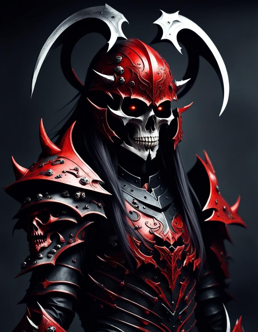 evil beautiful dark elf warrior, red and black armor, skulls on the helmetfull body vision - AI ...