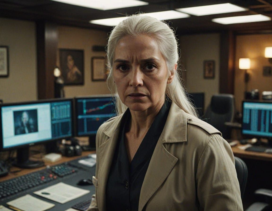 Elderly female assasin with long white hair tied back, dark hairy ...