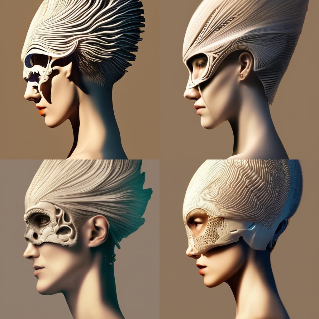 side portrait, futuristic headpiece on woman made of carved white bone ...