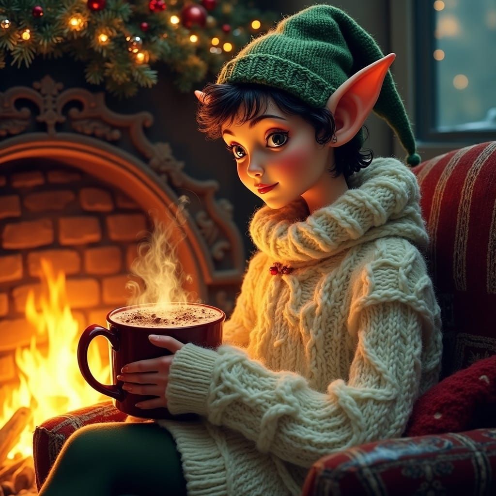 A beautiful Christmas elf in a soft cozy sweater having a cozy night in ...