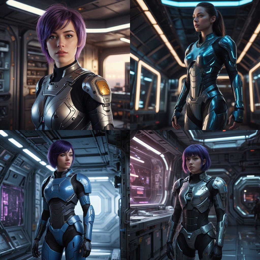 Cyberpunk Woman in Second Skin Armor Stands on Spa... - AI Art