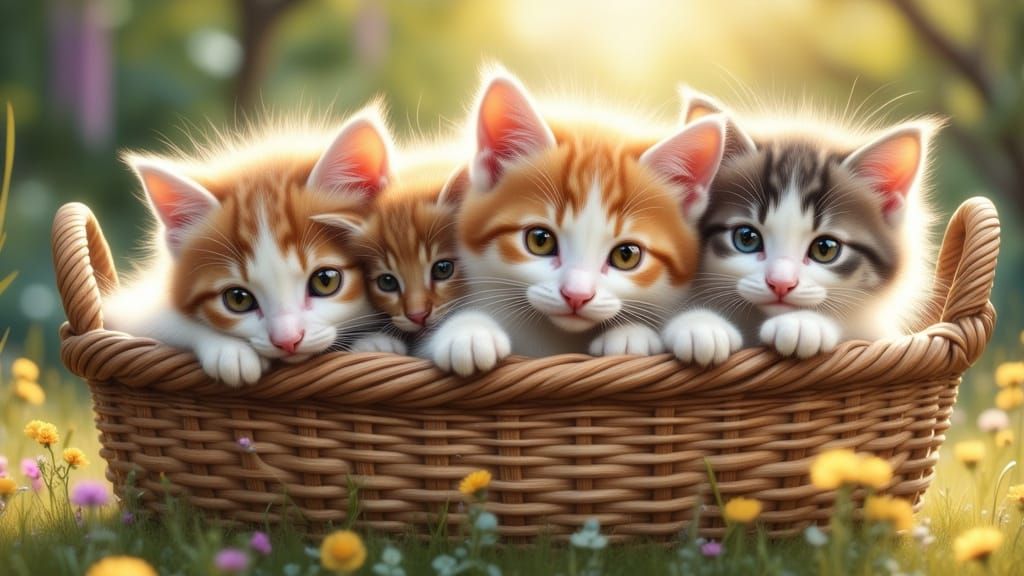 Charming Vintage-Style Kittens in a Wicker Basket - AI Art