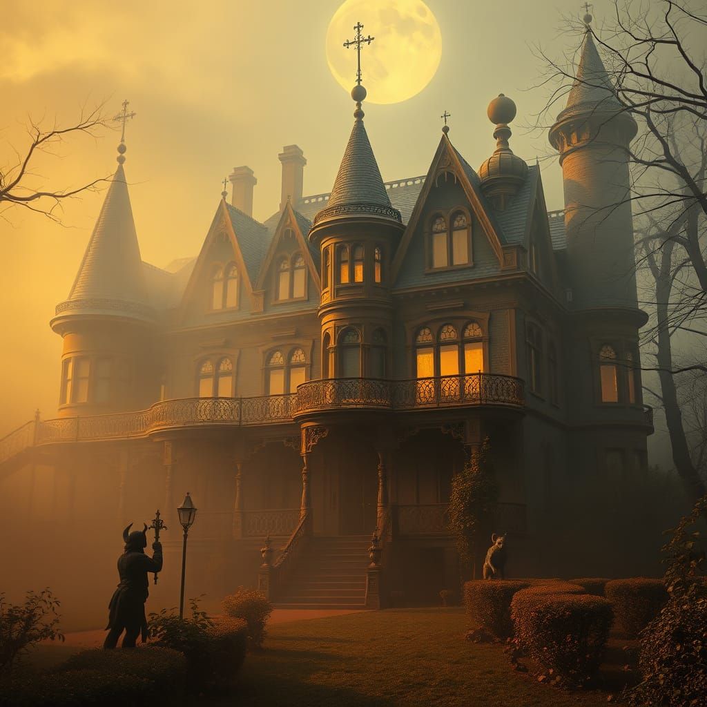 Ethereal Victorian Mansion in Mysterious, Golden L... - AI Art