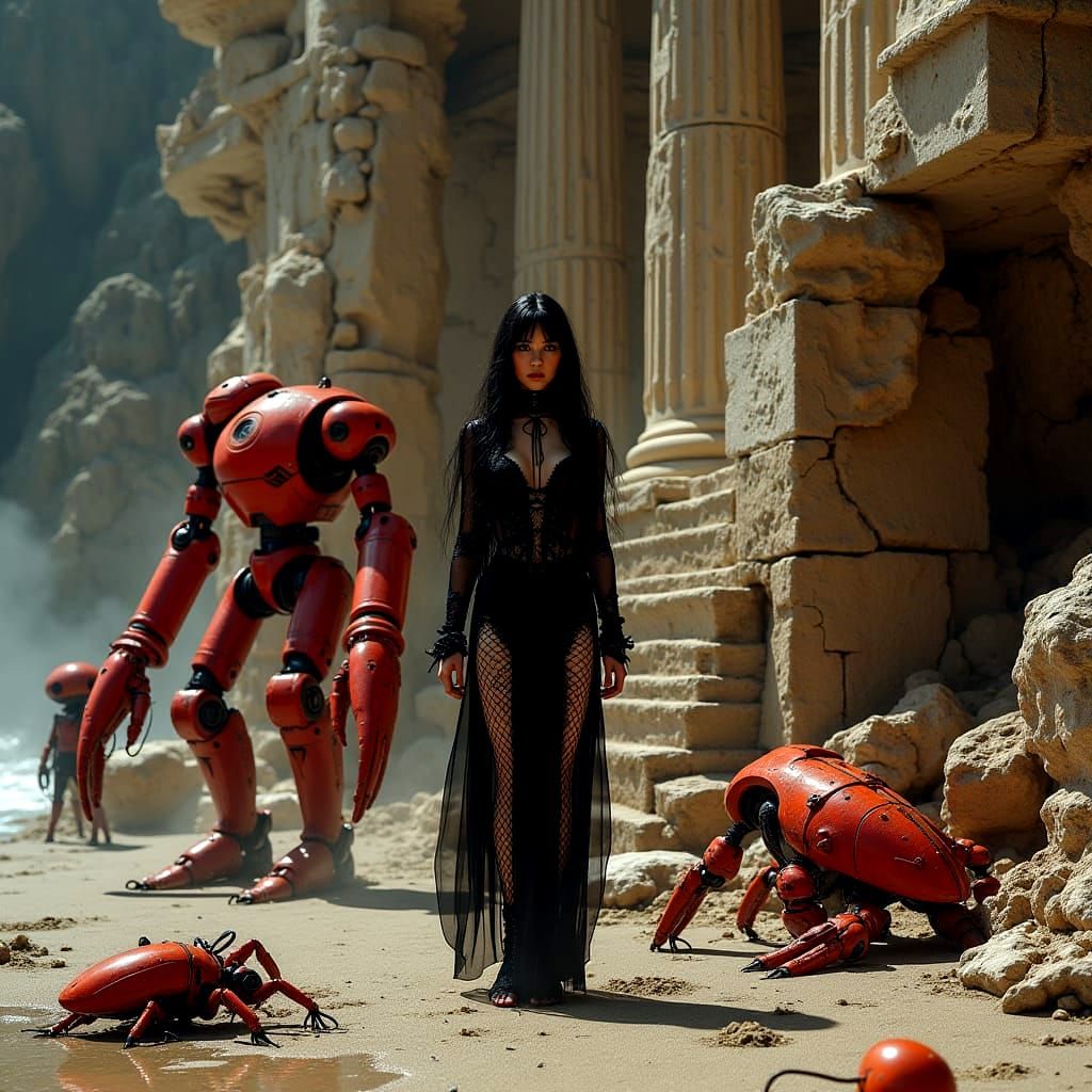 Gothic Robots Amidst Ruins in Neon Sepia - AI Art
