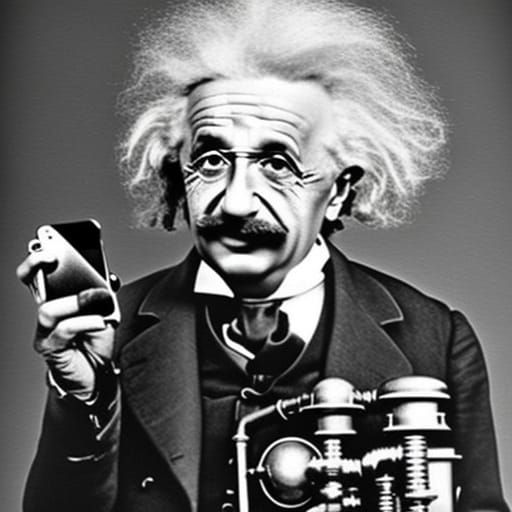 albert einstein holding a smartphone iphone in his hand - AI Generated ...