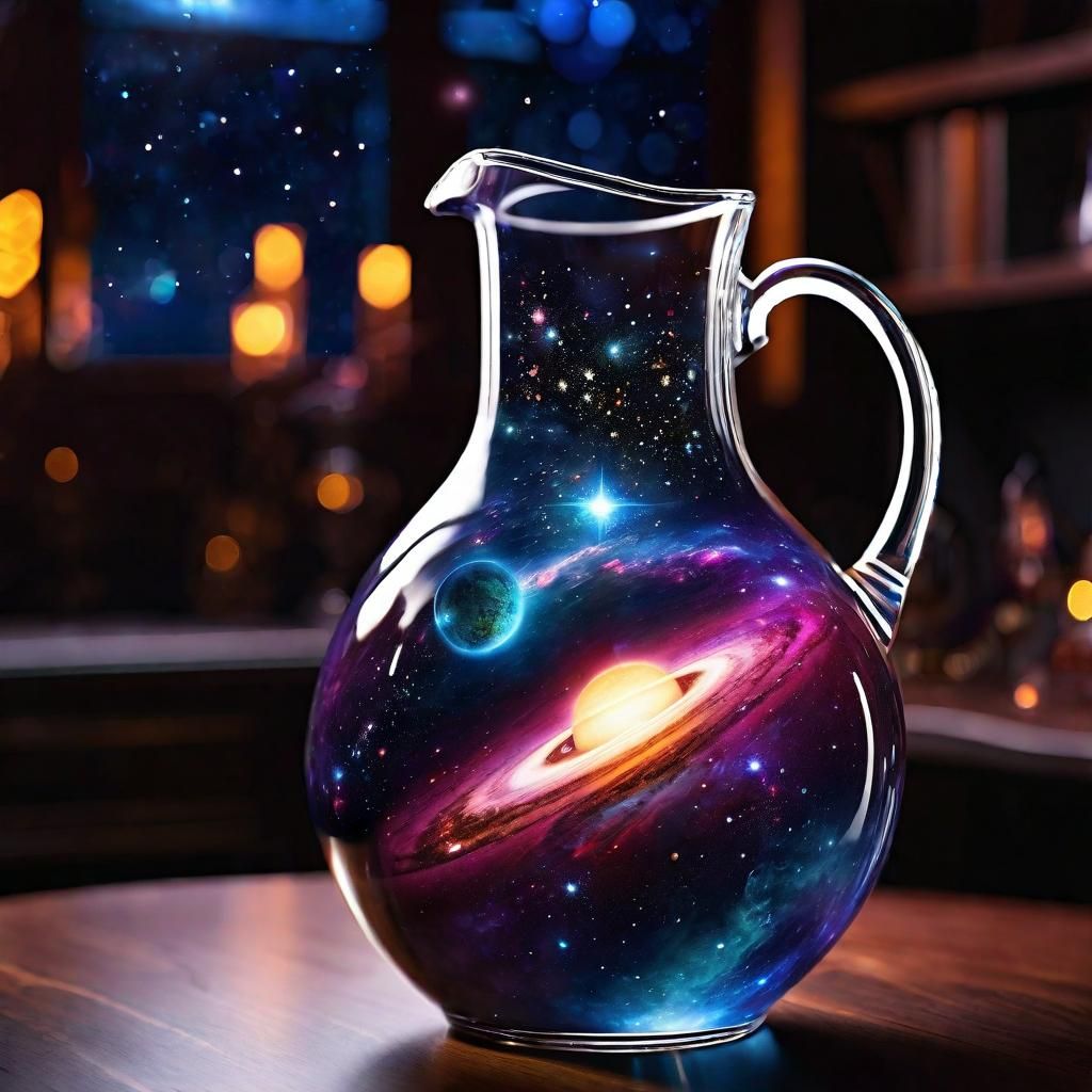 A glass pitcher on a table with a galaxy inside of it filled with stars ...