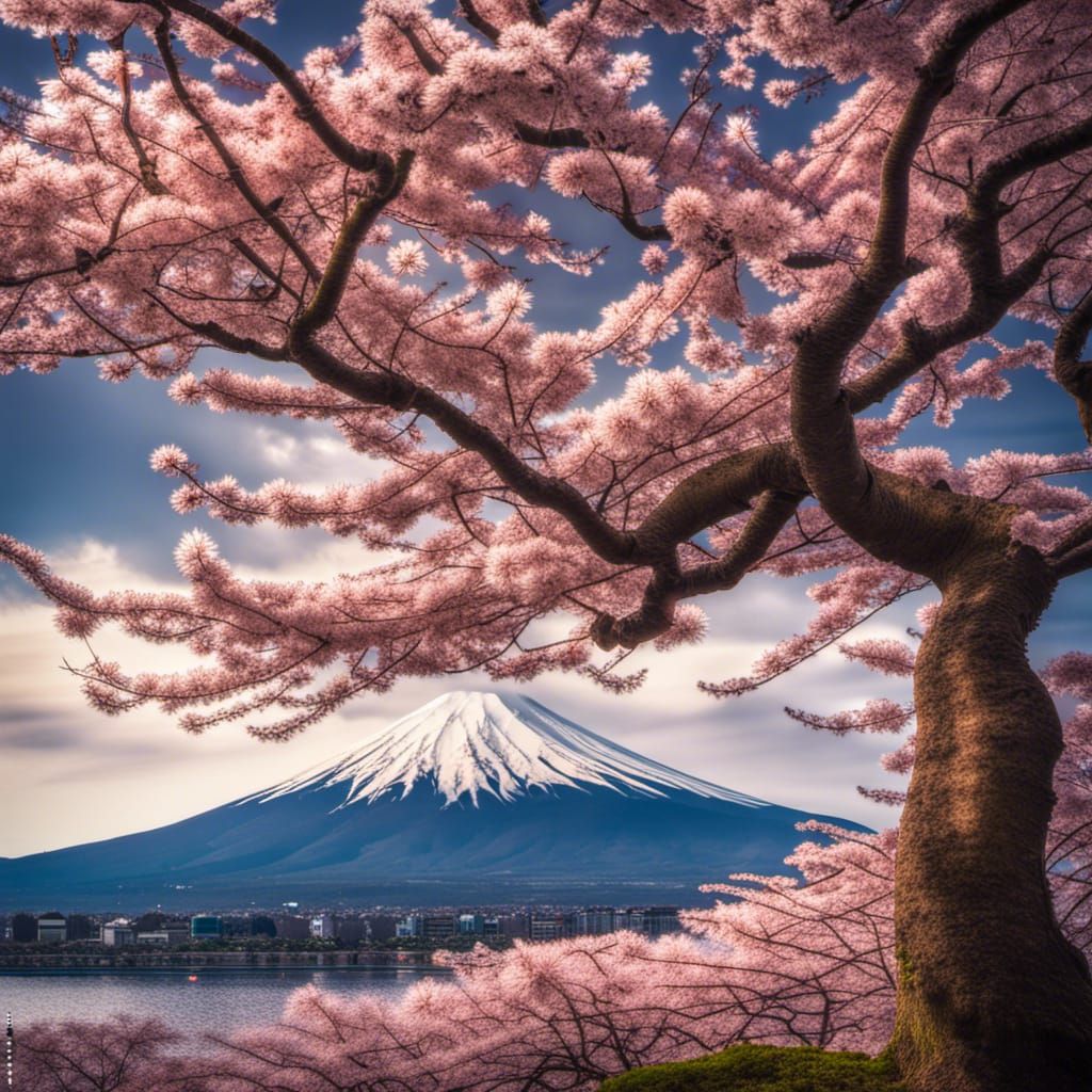 Japanese sakura tree in front of mount Fuji - AI Generated Artwork ...