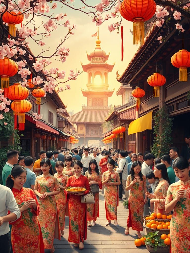 A vibrant Vietnamese street scene during Lunar New Year, teeming with ...