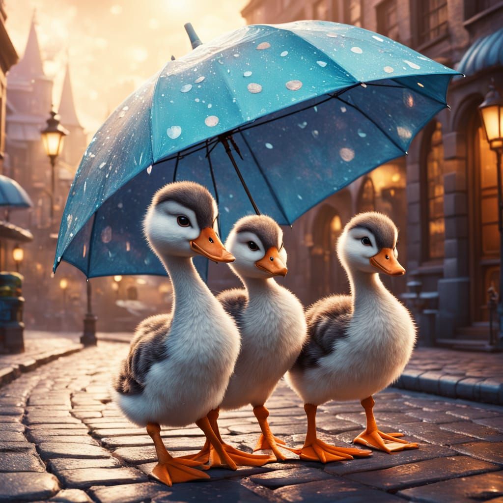 Cute Goose Family Under Umbrella in Vibrant, Dream... - AI Art