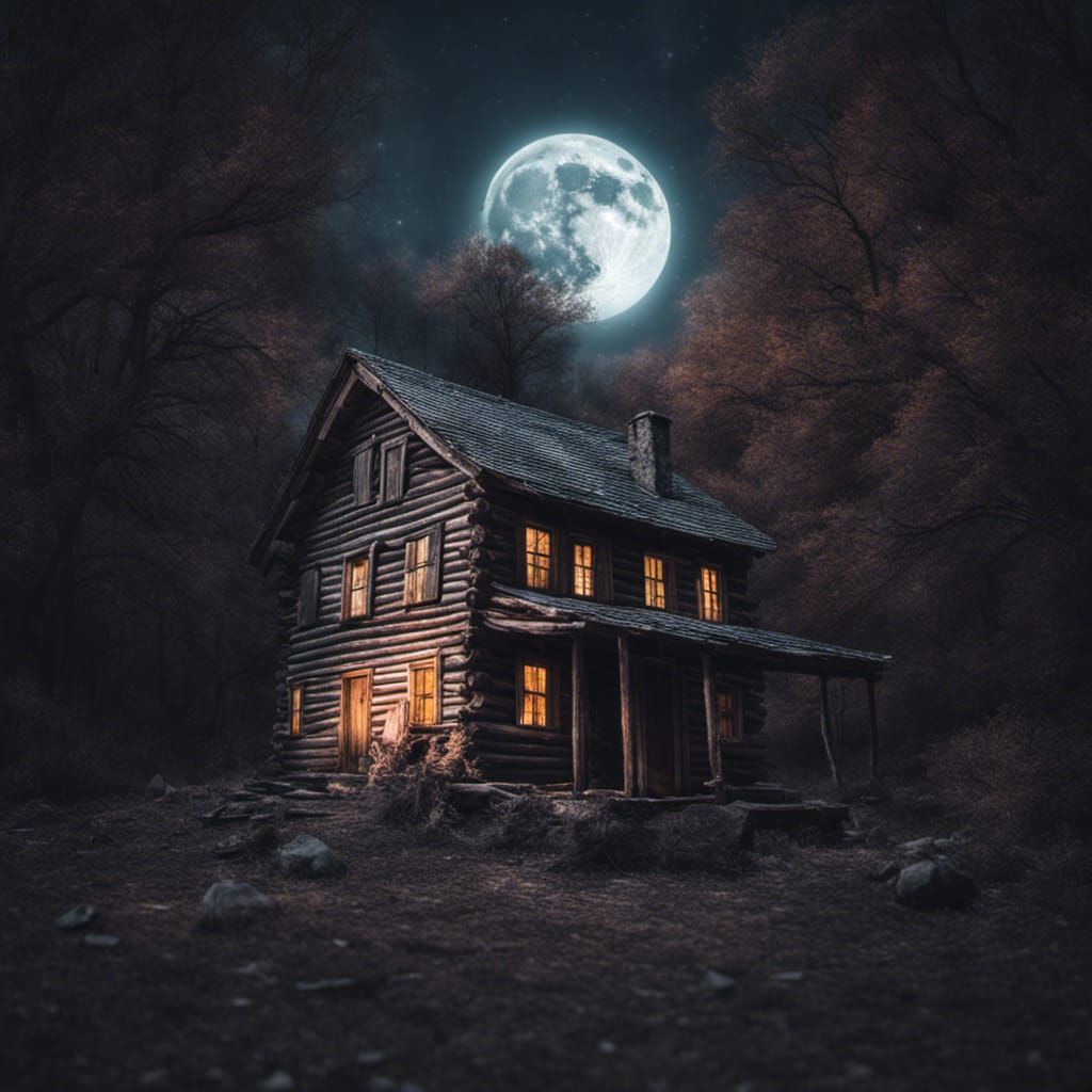 Creepy old log cabin in the woods under thr light of a big full moon ...