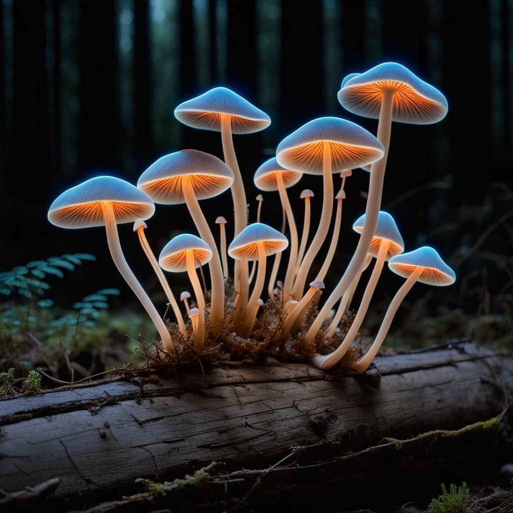 Bioluminescent Mycena roseoflava mushrooms growing form a log. Glowing ...