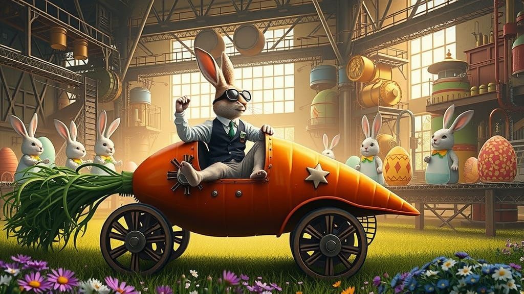 Egg painting factory, Easter Bunnies work painting eggs their chieftain ...