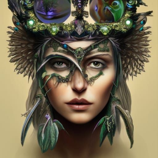 raven crowned with a crown of emeralds, emerald crown, standing on a ...
