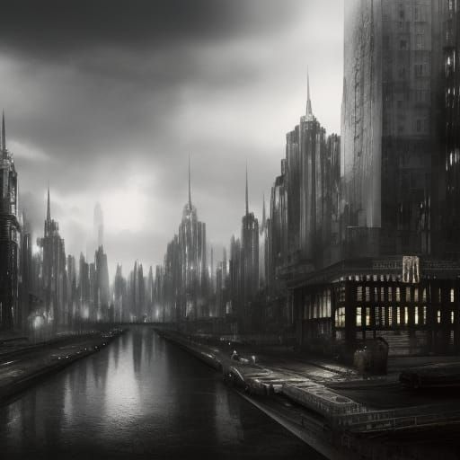 Noir Fantasy Cityscape: Desolate Urban Digital Pai... - AI Art