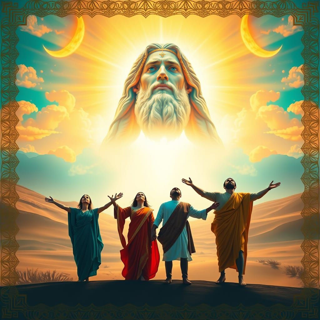 Biblical Family's Heavenly Plea in Vibrant Colors - AI Art