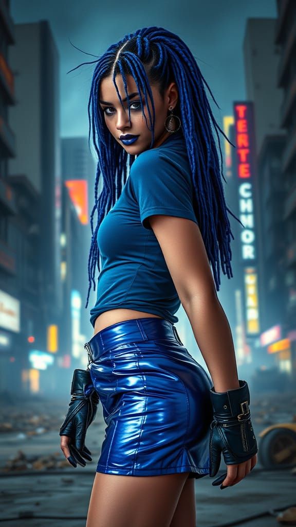 Cyberpunk Goddess with Blue Dreadlocks and Piercin... - AI Art