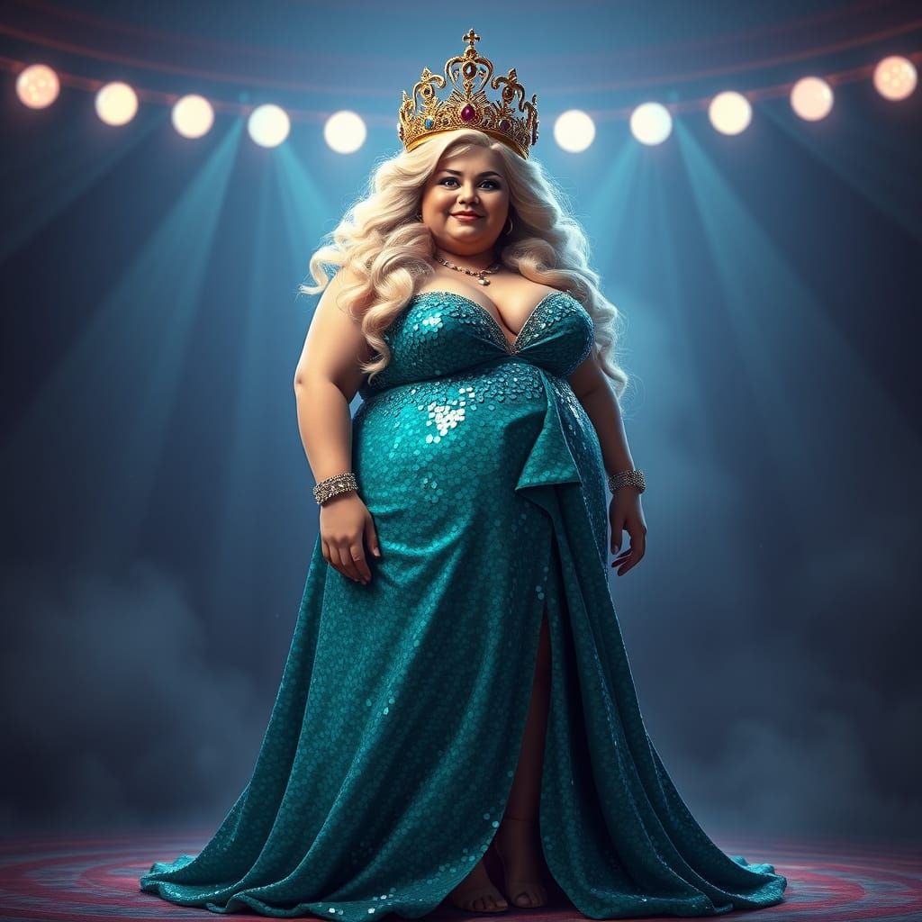Fantastical 1980s Pork Queen in Teal Sequin Gown - AI Art