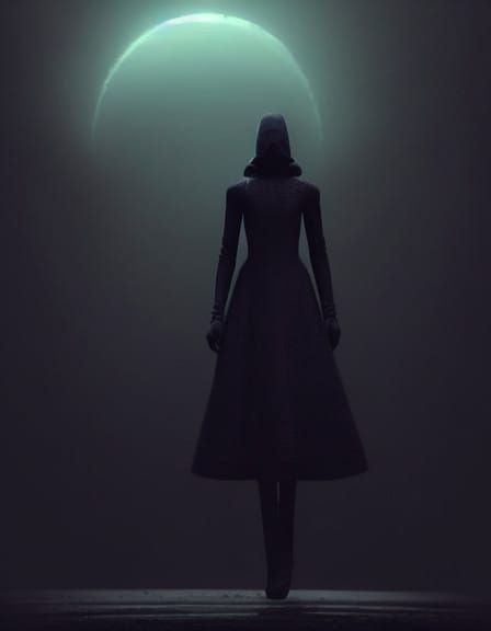 Surreal Goth Goddess in Eerie, Smoky Landscape - AI Art