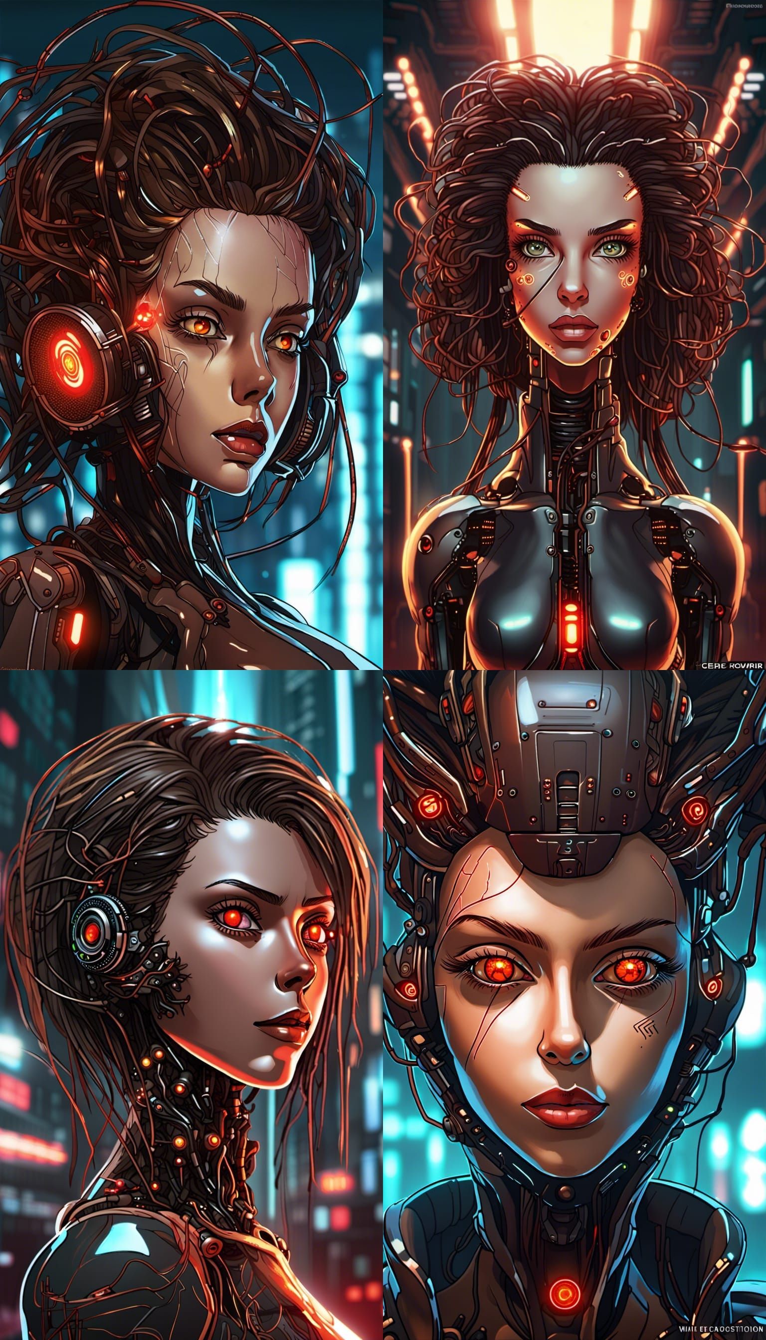A gynoid. Her eyes emit a red light cyberpunk biopunk dendritic ...