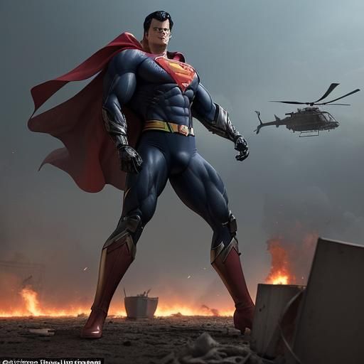 A vividly illustrated scene of a battle between (((Evil Supeman))), the man who acquired ...