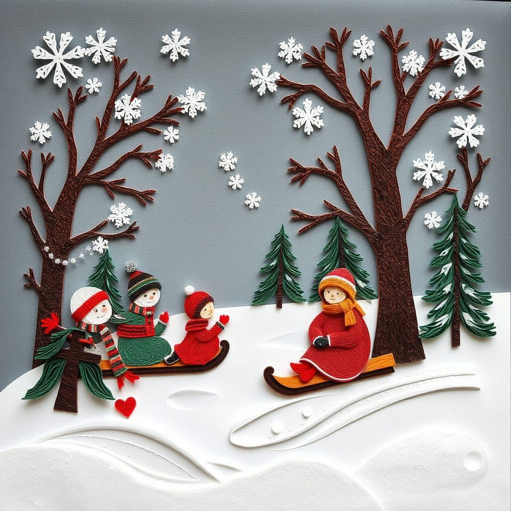 Portrait of a Winter paper collage art scene of a Christmas Sledding ...