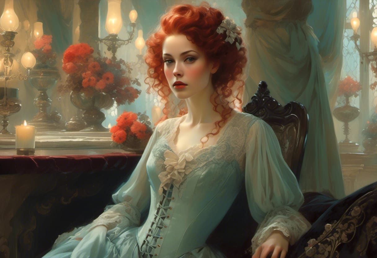 Lady covered in velvet and lace, long black curls, Rococo, detailed ...