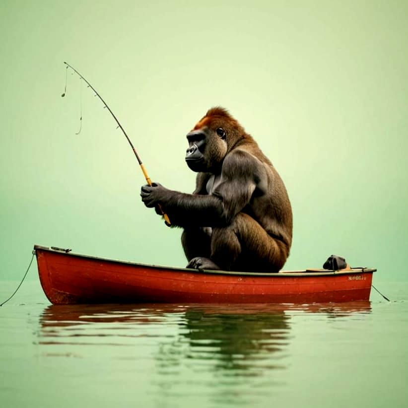 A Gorilla Enjoys a Peaceful Day of Fishing in a Sm... - AI Art