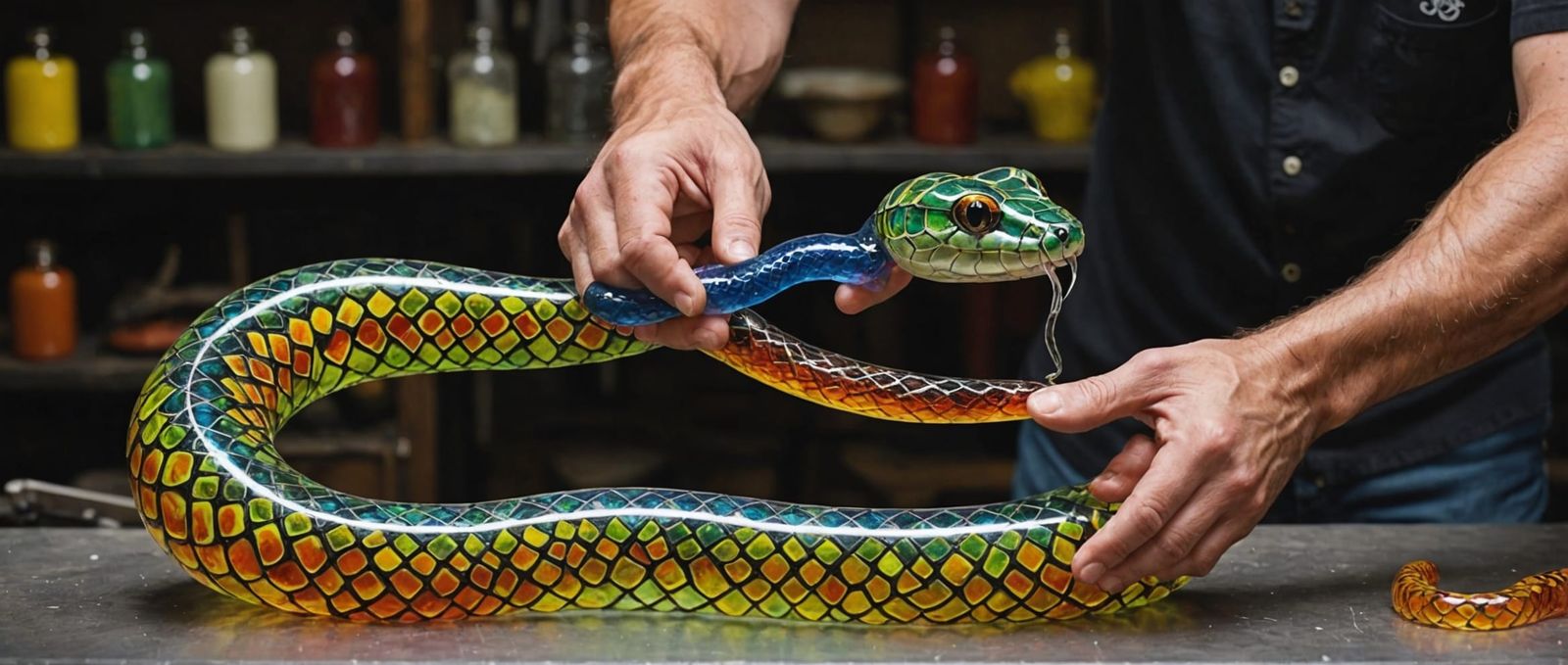 A glass blower creating an elaborate, multicolored translucent glass ...