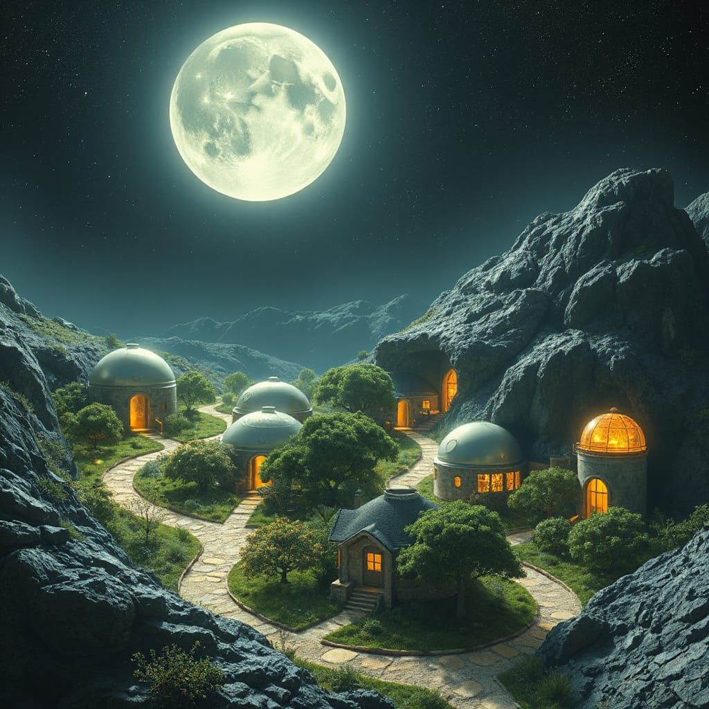 Solarpunk Lunar Community Blooms with Greenery and... - AI Art