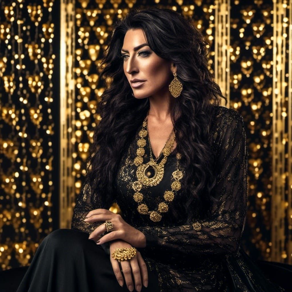 Billionaire, detailed silk black garments with gold adornments, excessive rings and jewellery ...