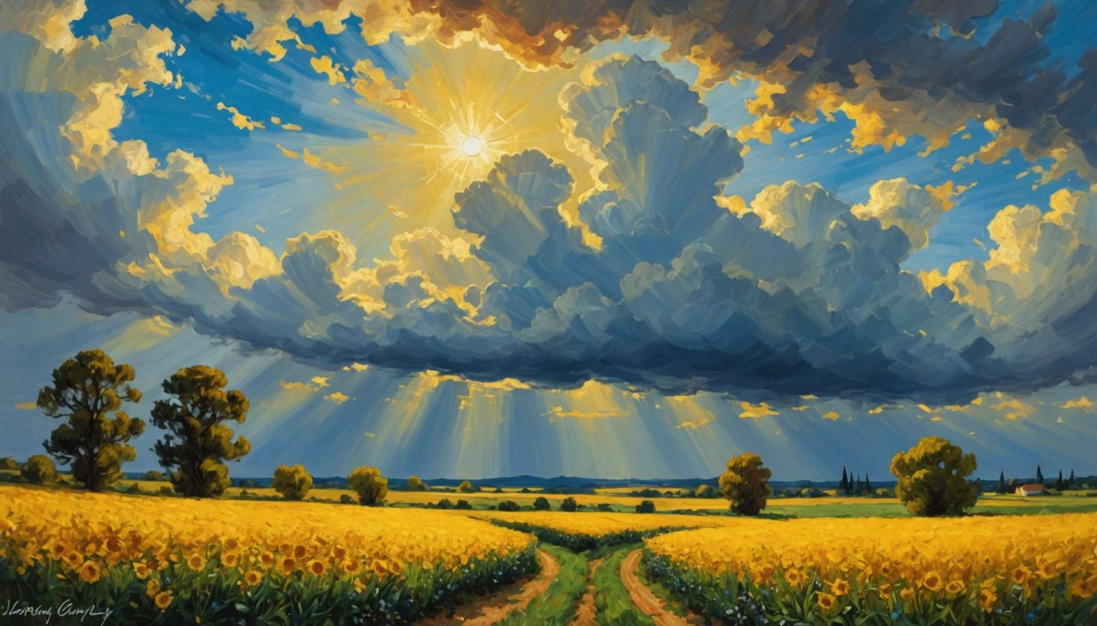 Dramatic nature scene in the style of Vincent van Gogh