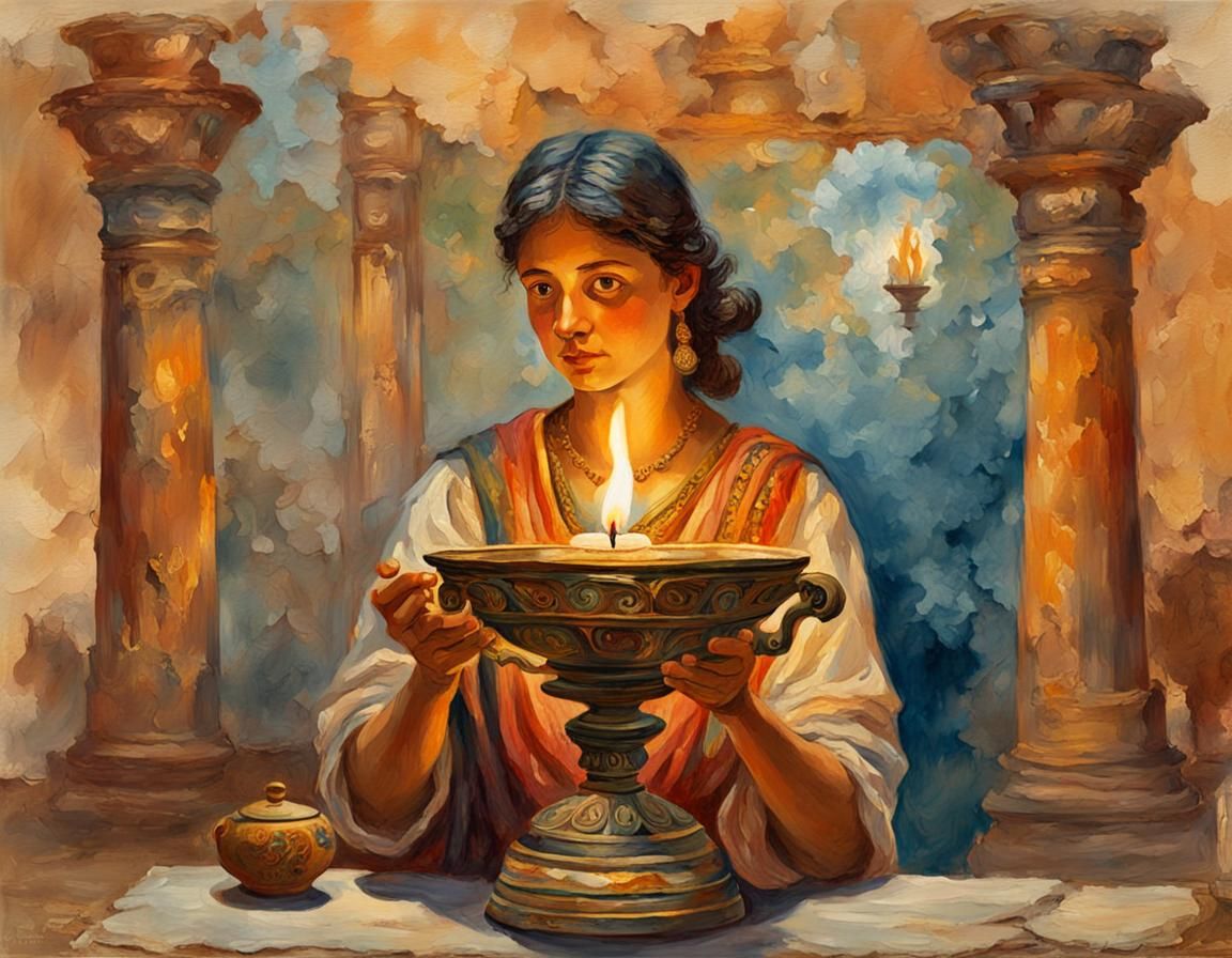 Highly detailed Roman oil lamp showing decoration of a young woman on ...