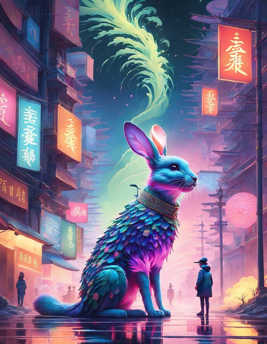 Cyberpunk: pet cabbit with the city behind it
