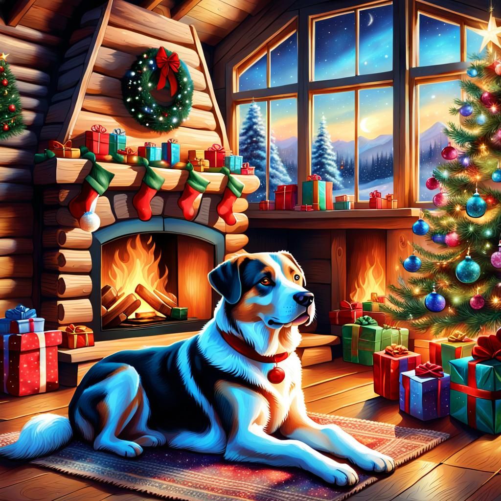 a picture of a indoor Christmas scene in a beautiful log cabin, one ...