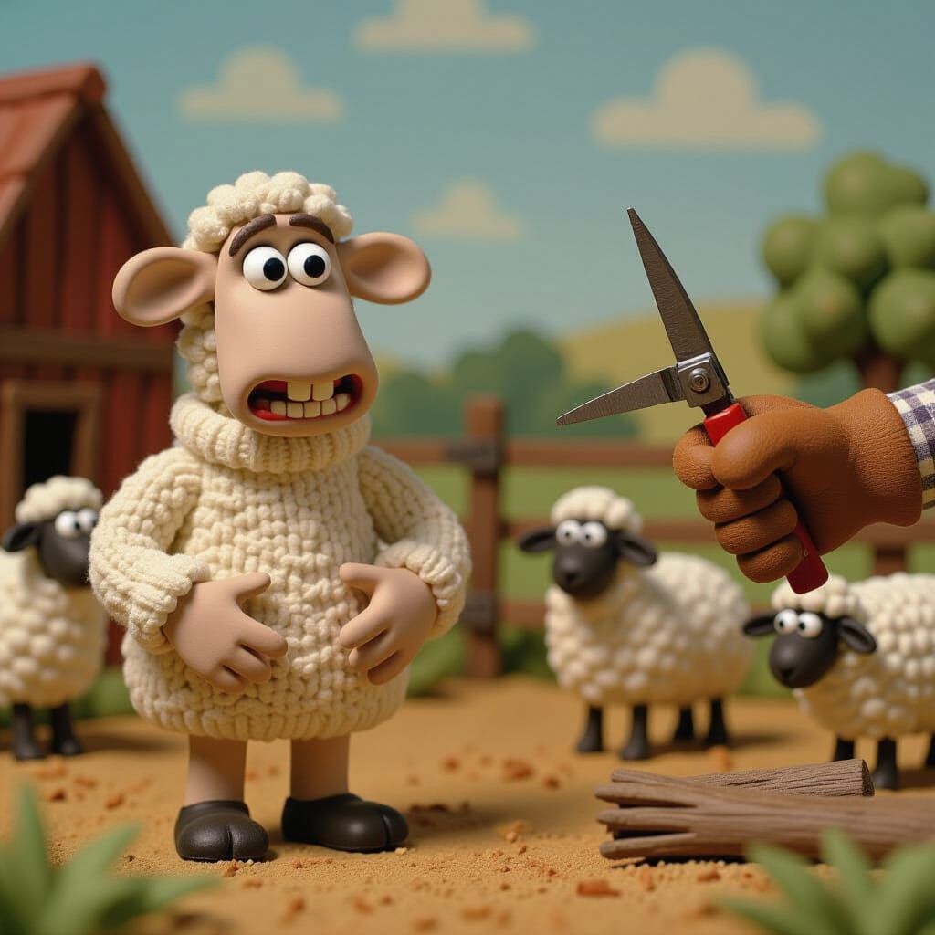 Shave day! - Anxious Sheep in Claymation Style Farmyard Scen...