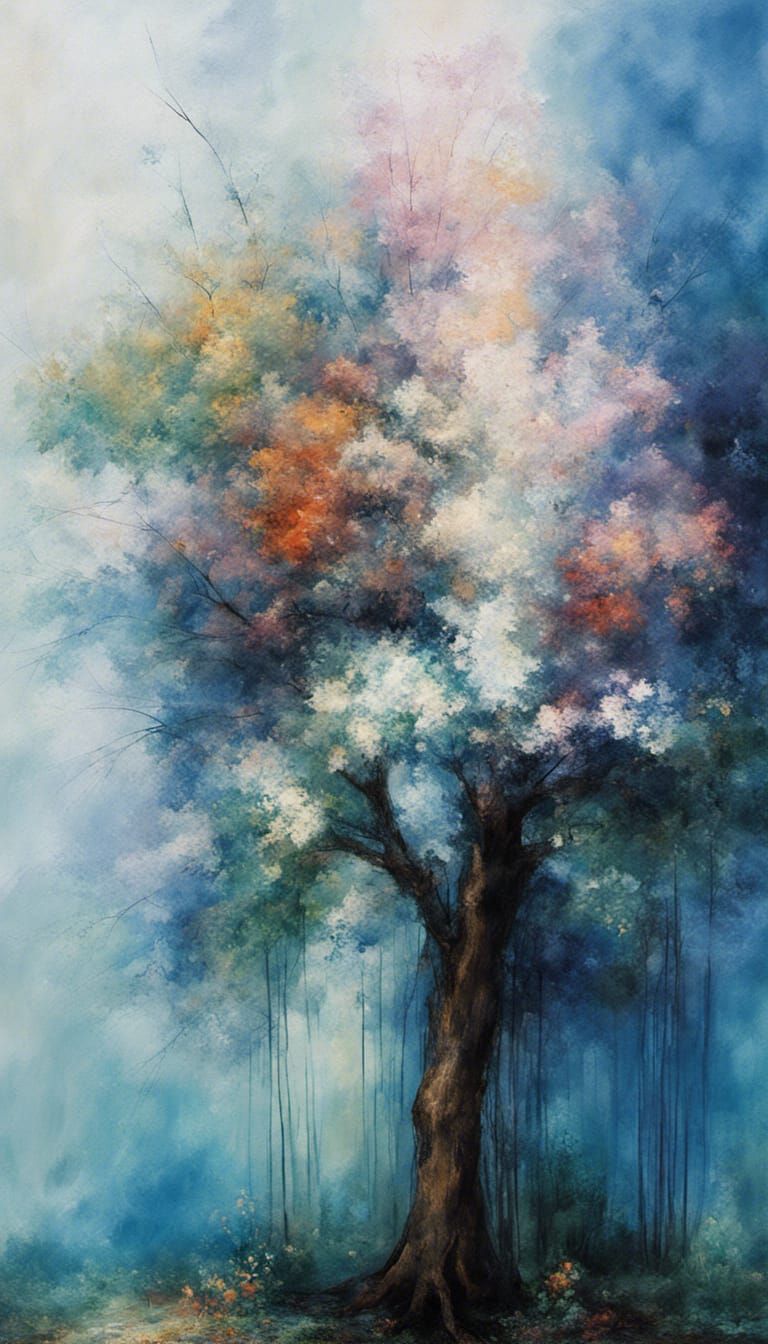 A colorful impressionist Tree with summer winter autumn and spring in ...