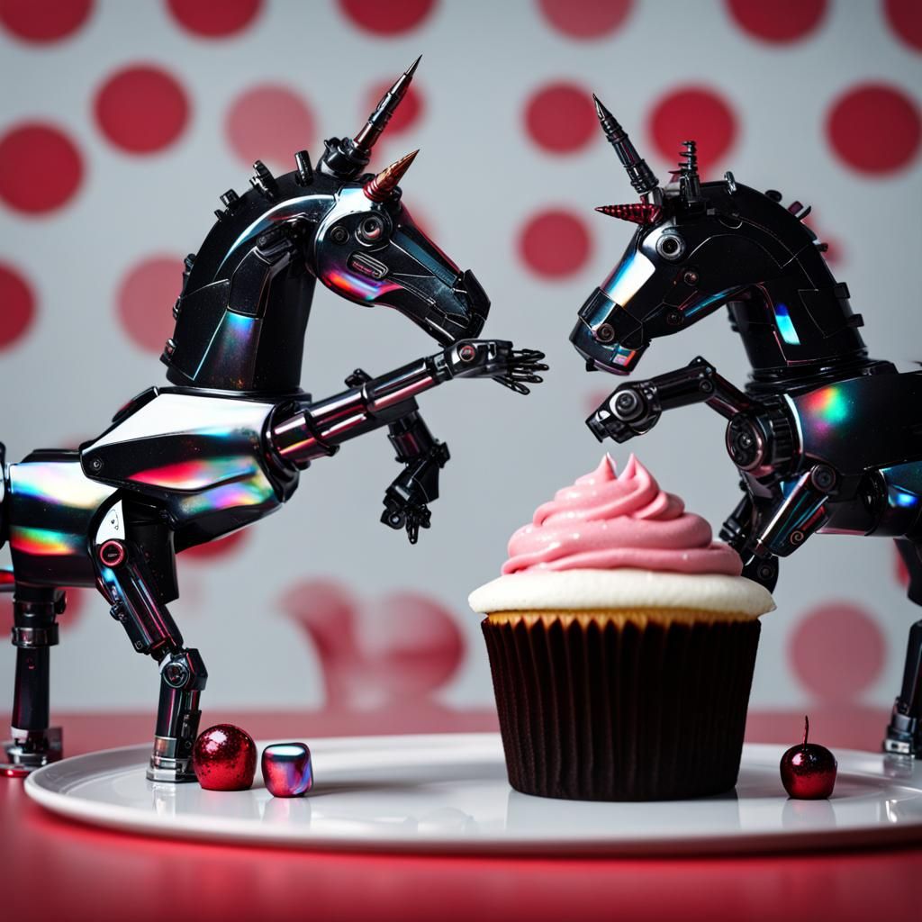 robot unicorns fight over a cup cake, - AI Generated Artwork - NightCafe Creator