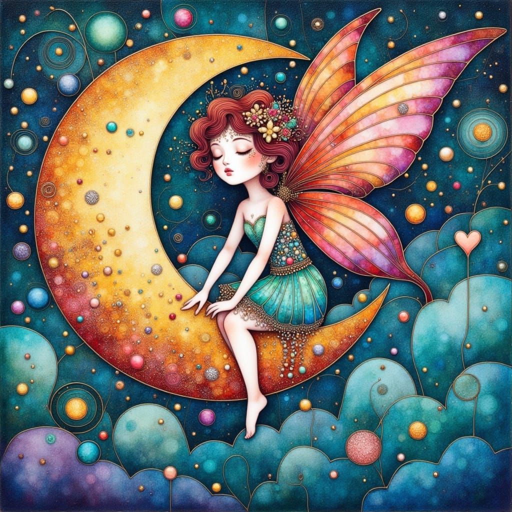 Whimsical Pixie on Crescent Moon in Vibrant Alcoho... - AI Art