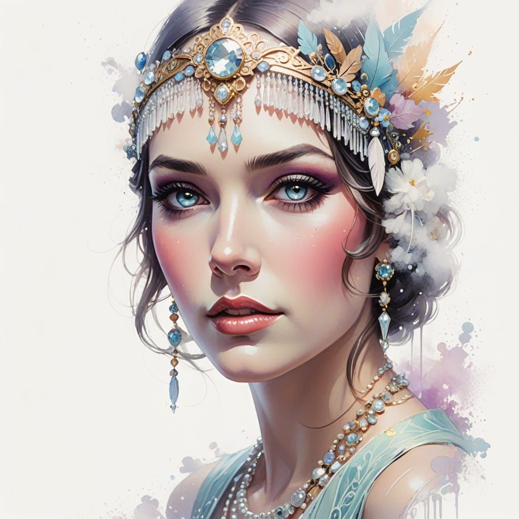 Beautiful color portrait of an Art Deco Flapper with a smooth ...